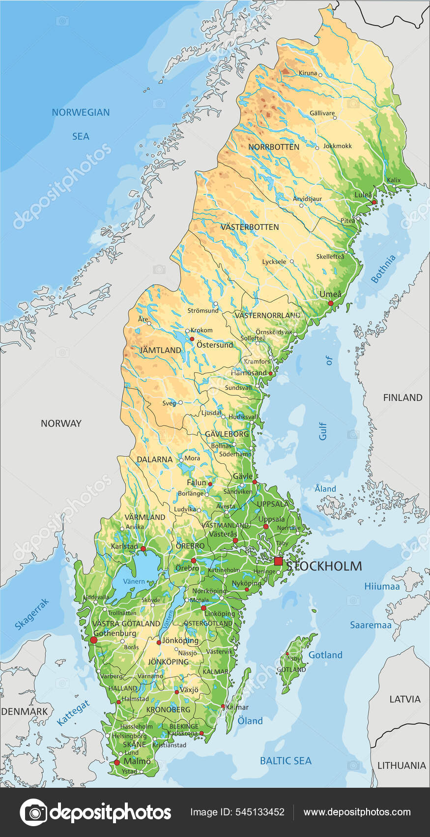 Høydetaljert Fysisk Kart Sverige Med Merking stockvektor © delpieroo ...
