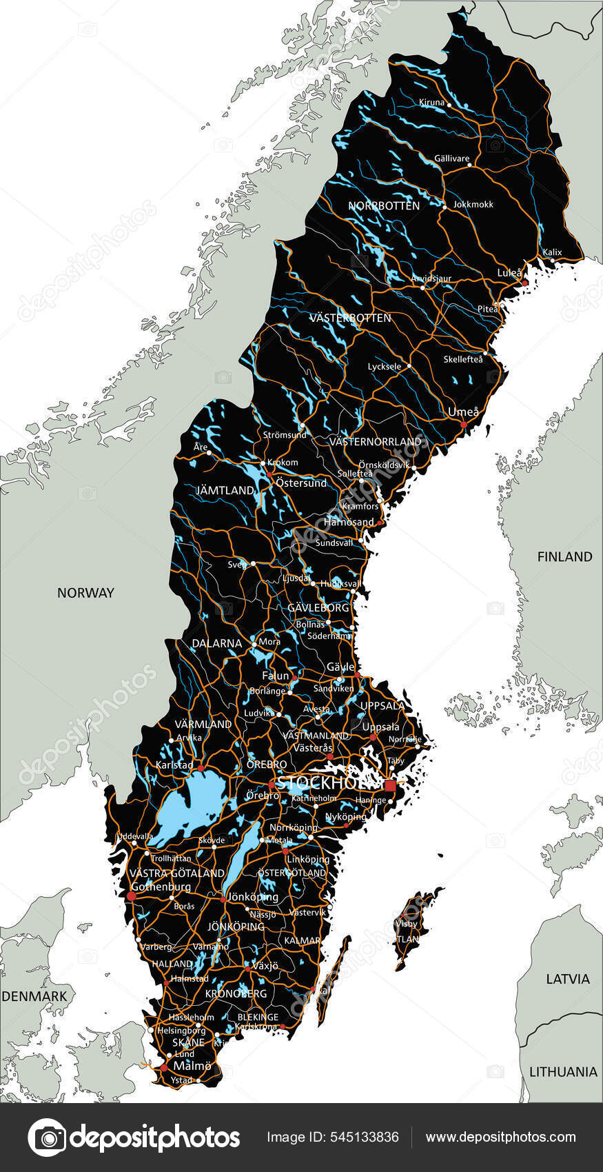 High Detailed Sweden Road Map Labeling Stock Vector by ©delpieroo 545133836
