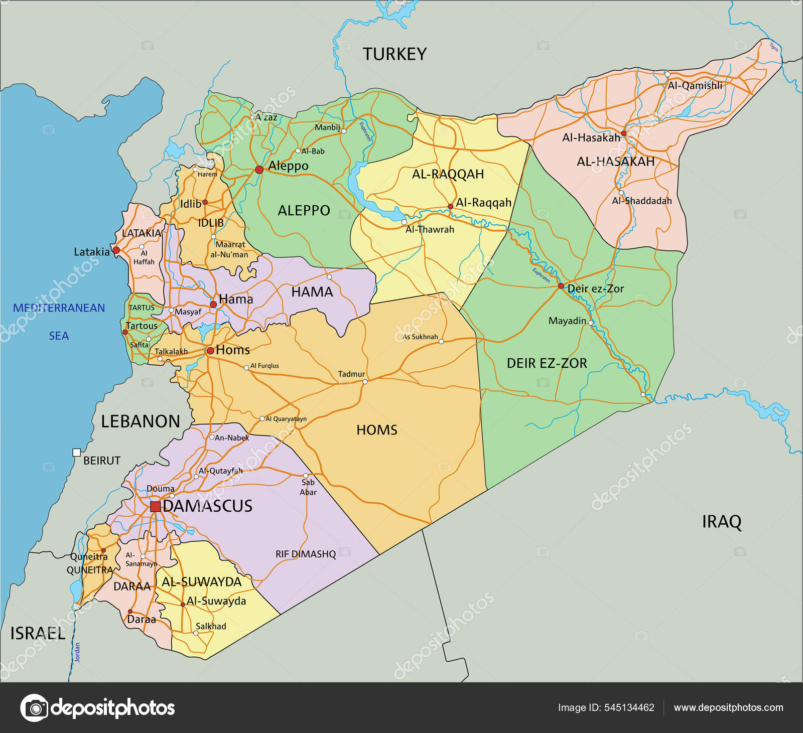 Suriye Etiketli Son Derece Ayrıntılı Düzenlenebilir Siyasi Harita ...