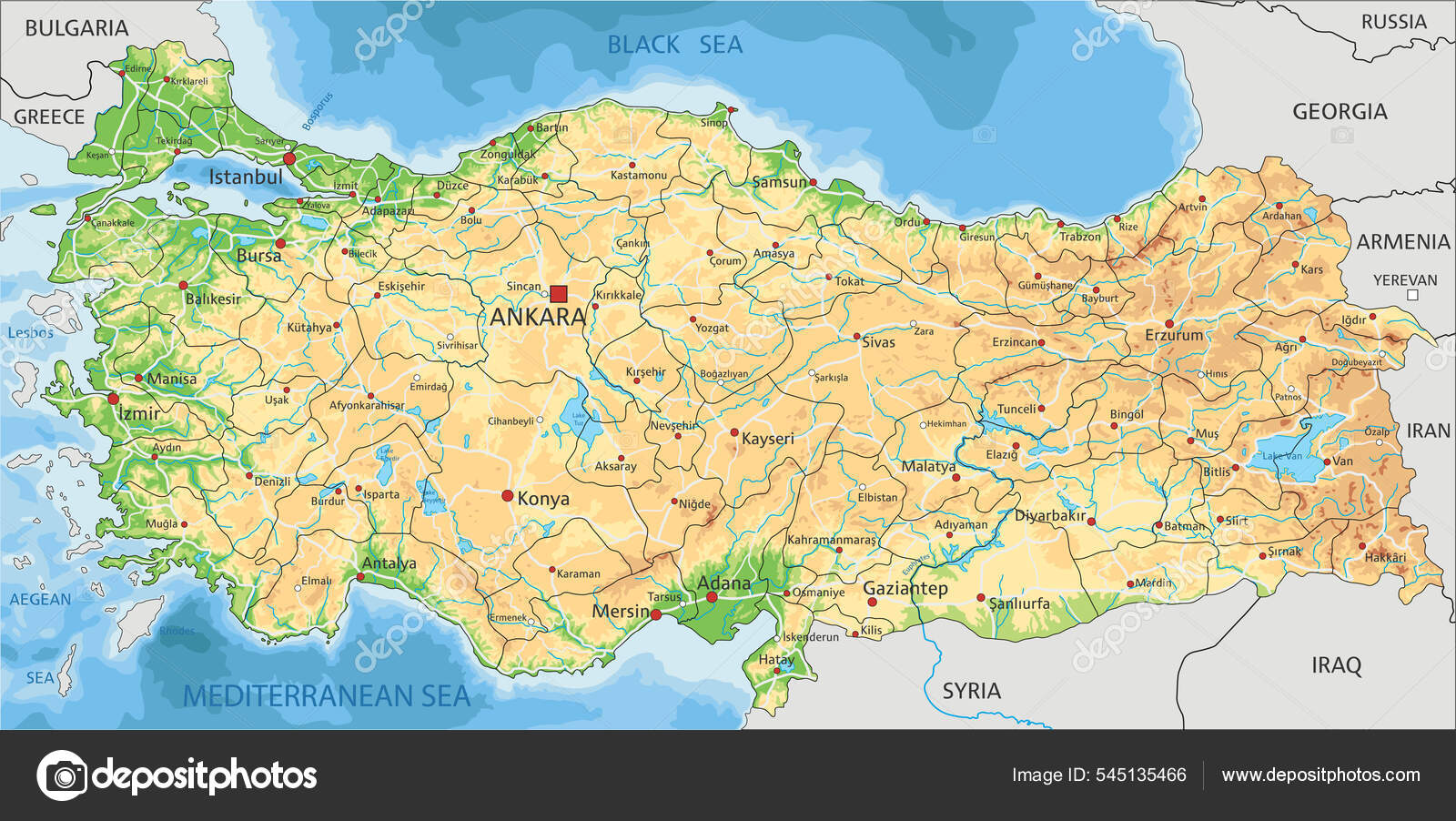 Carte Physique Détaillée Turquie Avec Étiquetage Vecteur par ©delpieroo ...
