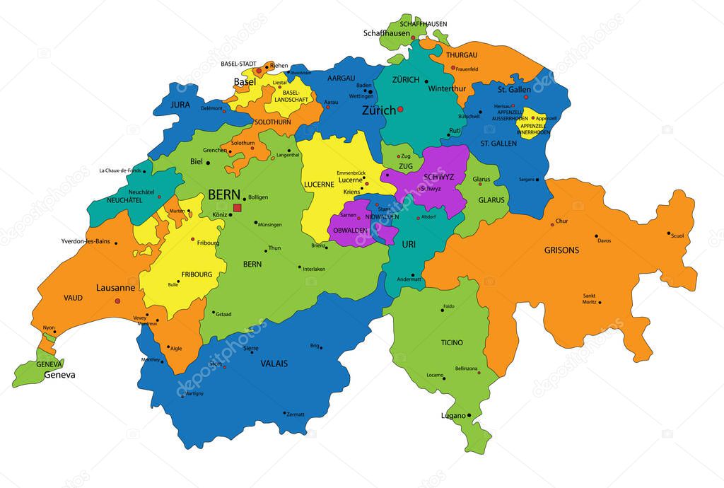 Colorido Mapa Político Suiza Con Capas Claramente Etiquetadas Separadas ...