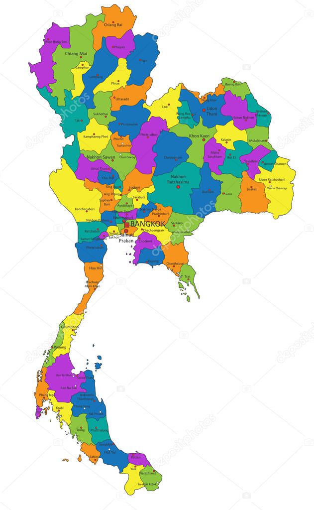 Colorful Thailand political map with clearly labeled, separated layers ...
