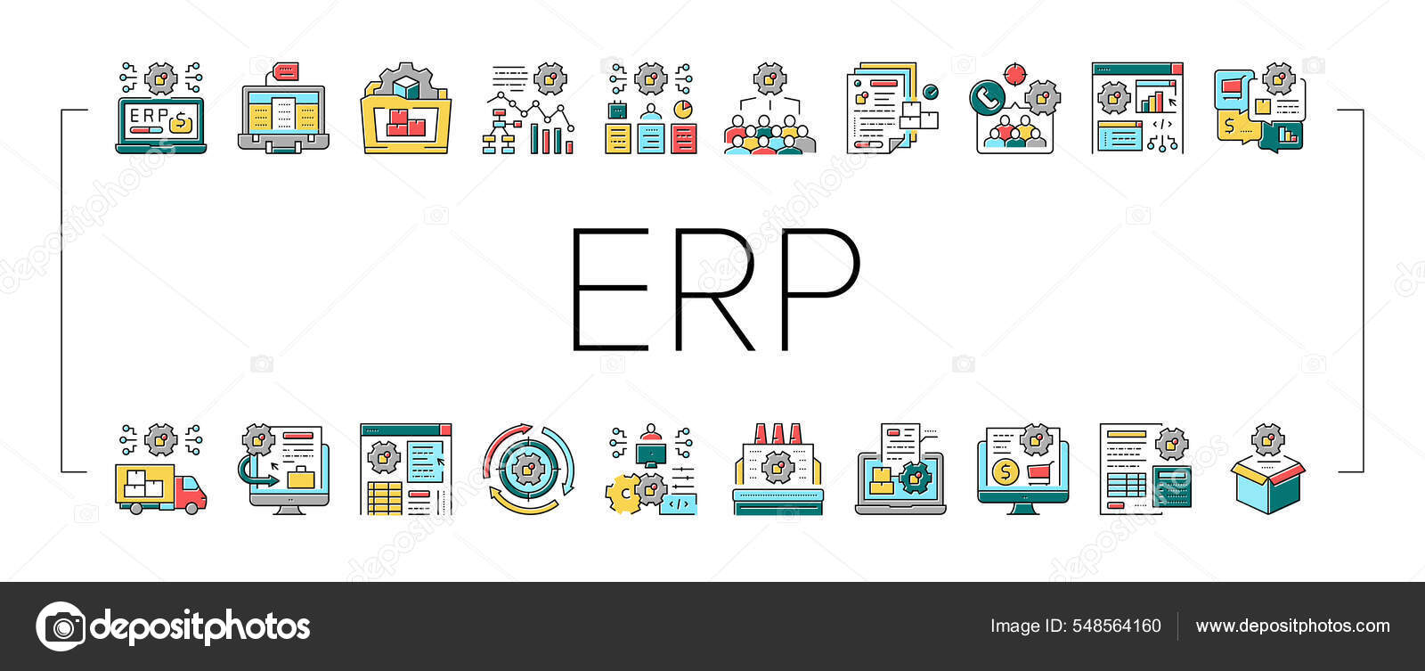 Erp Enterprise Resource Planning Iconos Set Vector . vector, gráfico ...