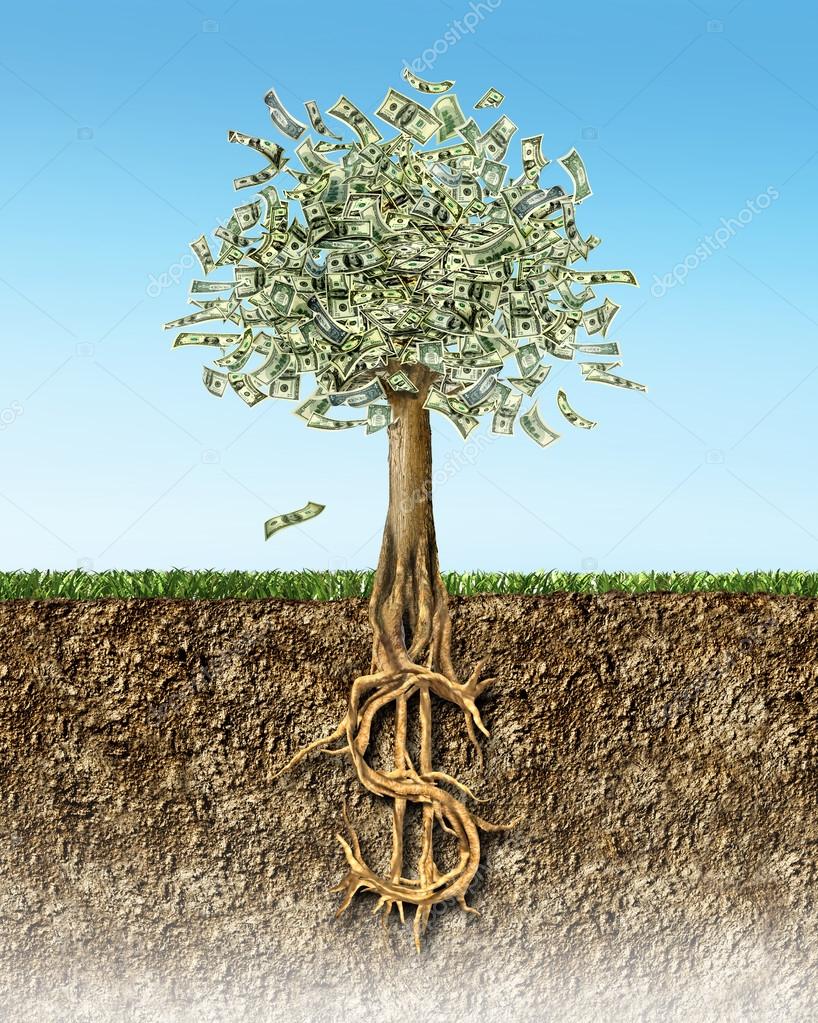 Money tree in soil cross section showing US Dollar sign roots. — Stock ...