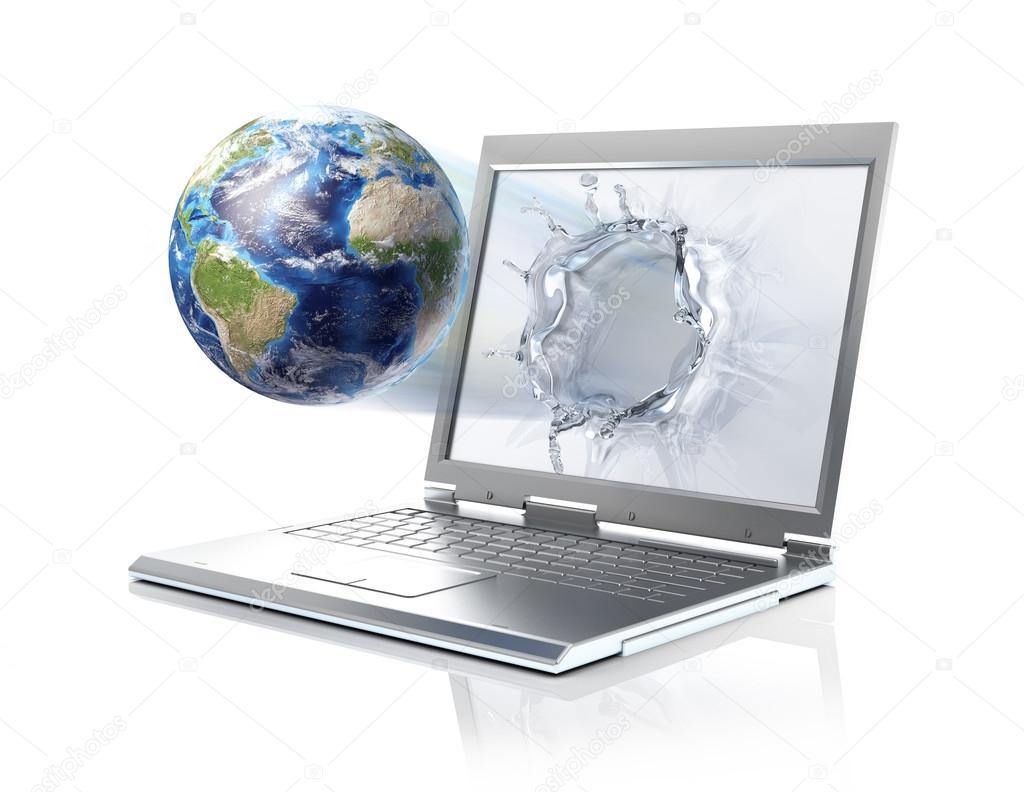 Earth globe, coming out from a laptop computer. Isolated on whit Stock ...