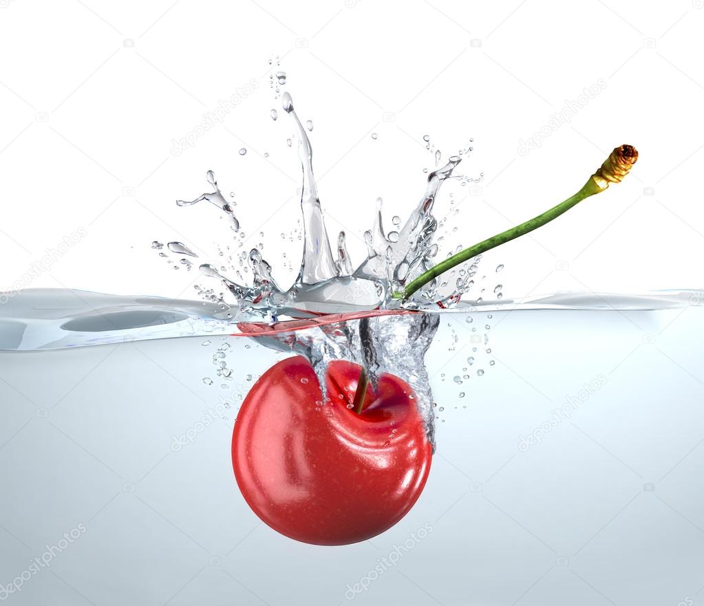 Red cherry falling into water and splashing. — Stock Photo © Pixelchaos ...