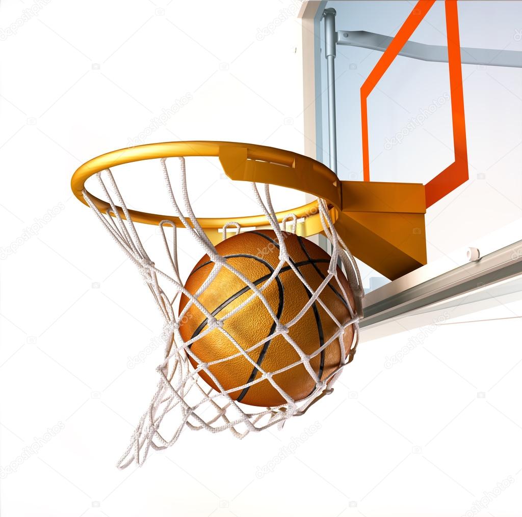 Pallone da basket centrato sul cestino, vista da vicino . - Foto Stock ...