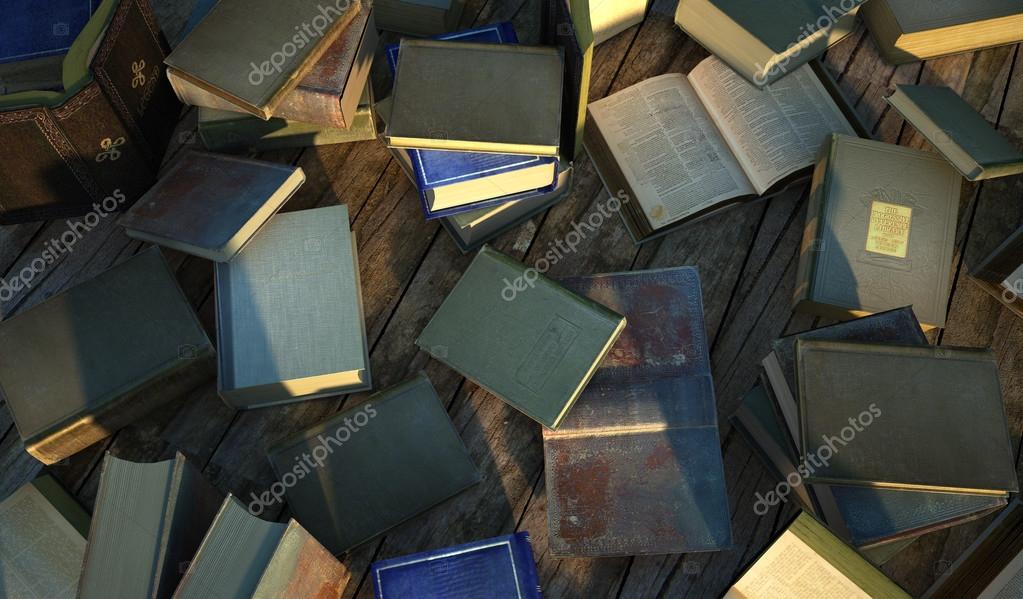 Many old and ancient books, spread over a wooden surface. Stock Photo ...