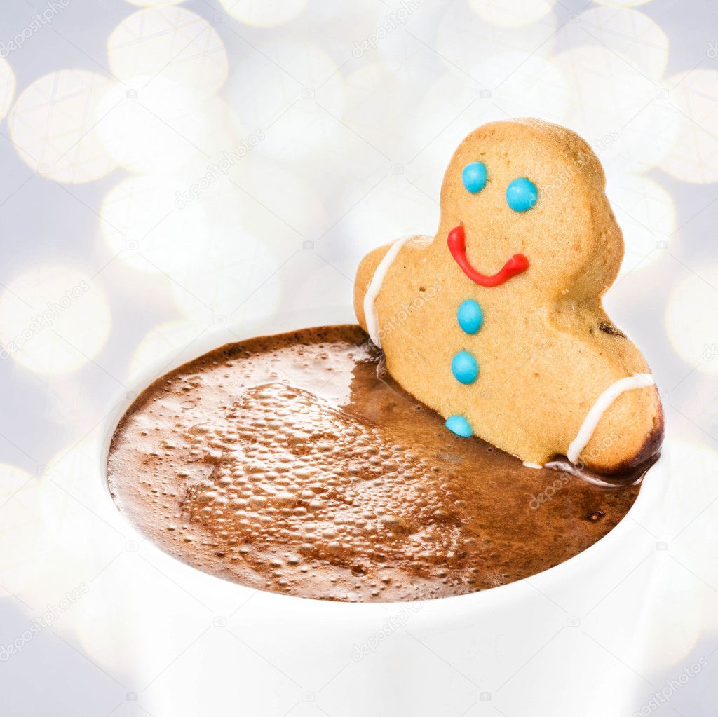 Gingerbread cookie man take a bath in cup of Hot Chocolate Stock Photo ...