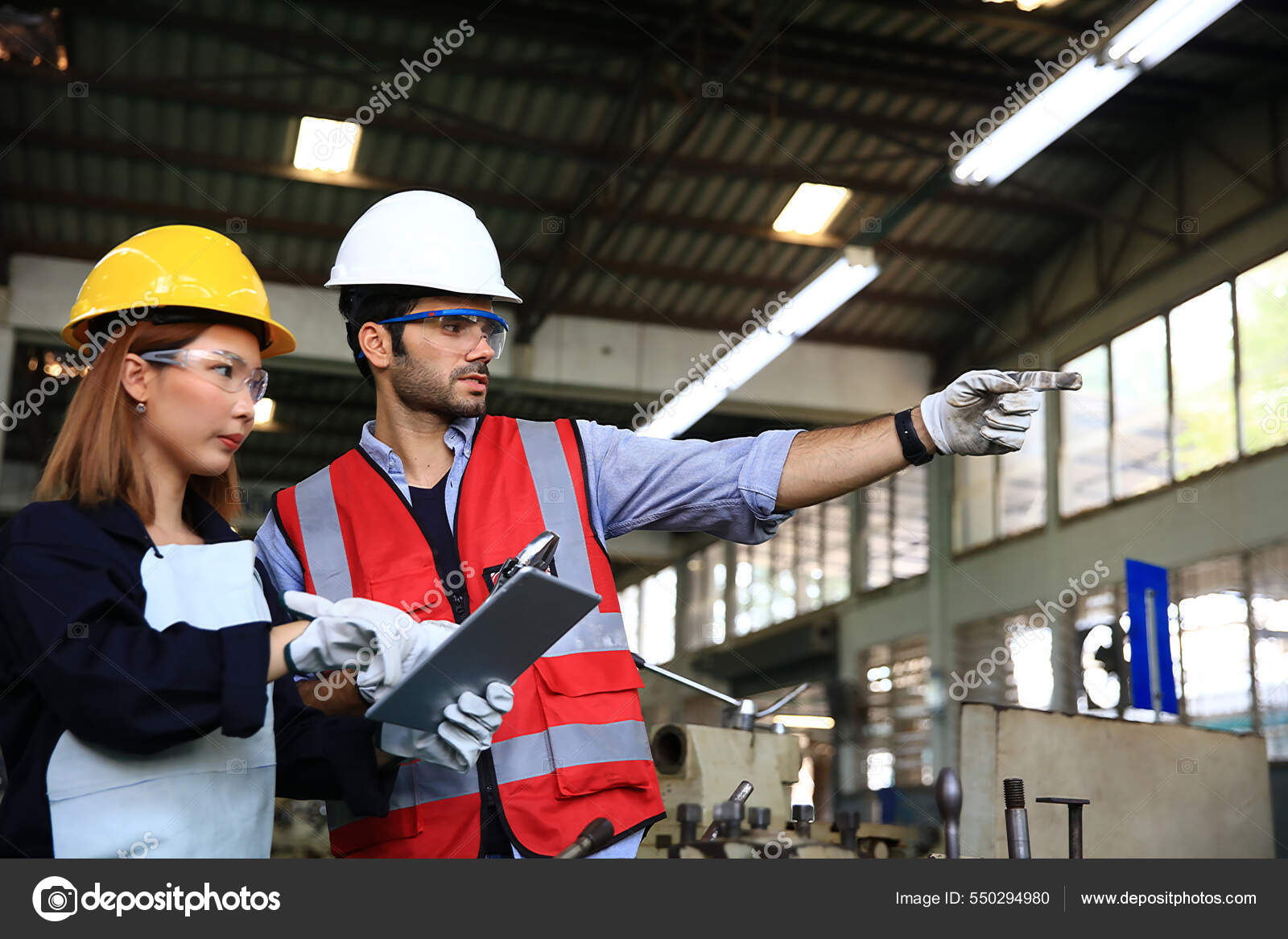 Supervisor Engineer Wearing Safety Uniform Equipment Discussion Work ...