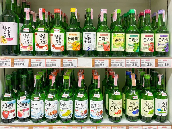 Bangkok Thailand - 27 April 2022: Many flavor of Soju on shelf for sale ...
