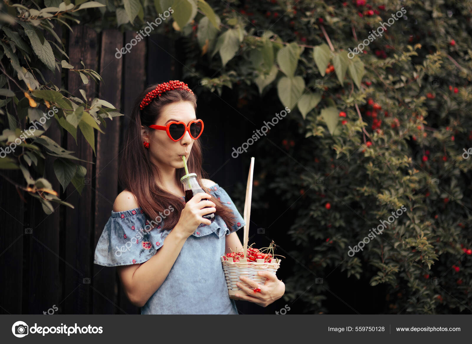 Chic Retro Woman Drinking Natural Cherry Juice Stock Photo by ...