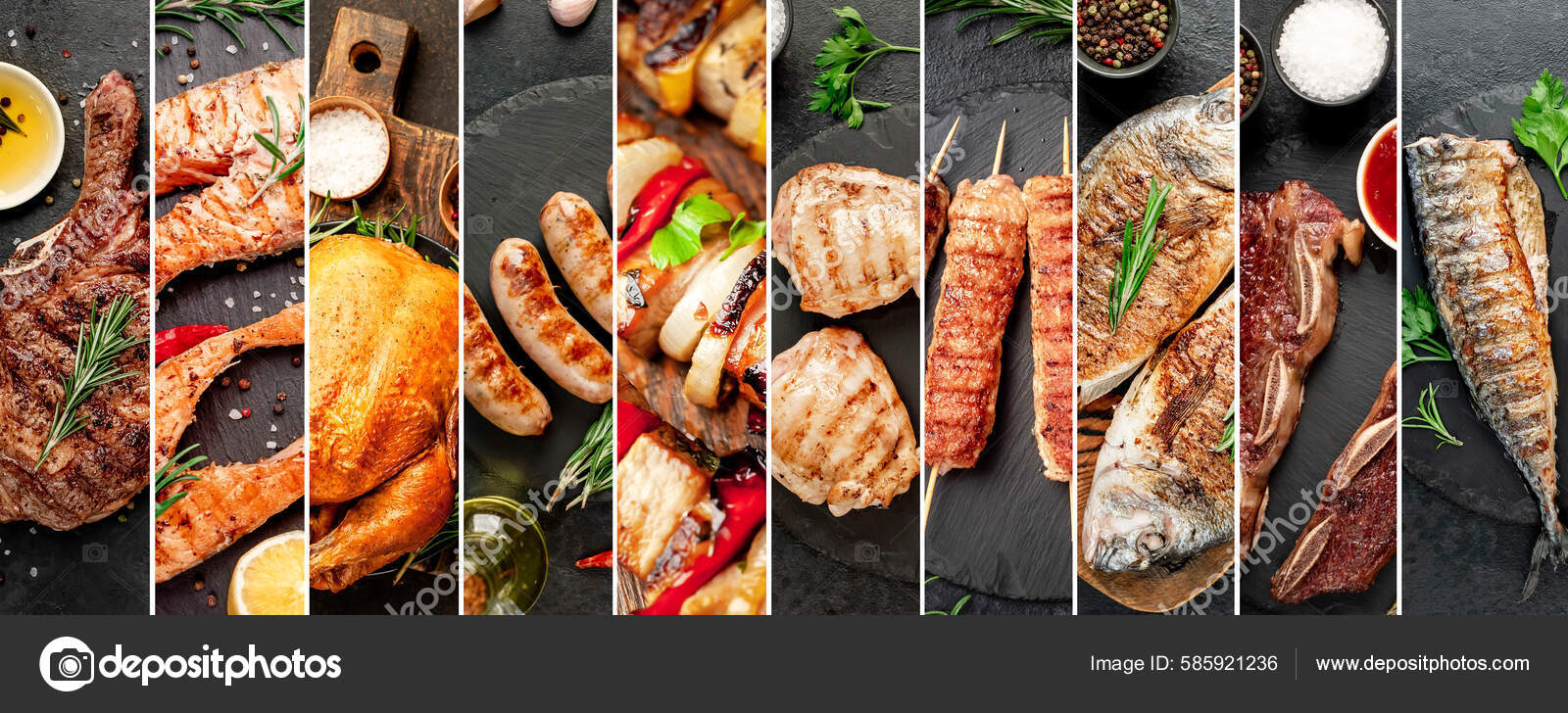 Photo Collage Barbecue Menu Stone Background Steaks Seafood Chicken ...