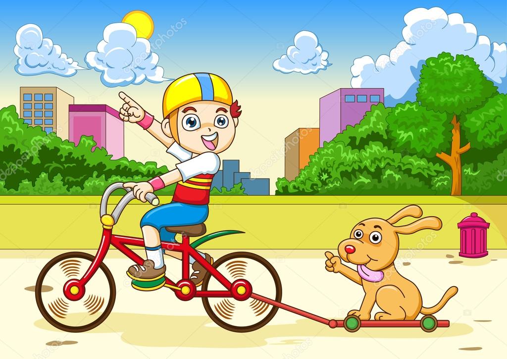 Boy and dog Riding a bicycle Stock Illustration by ©akarakingdoms #29702291