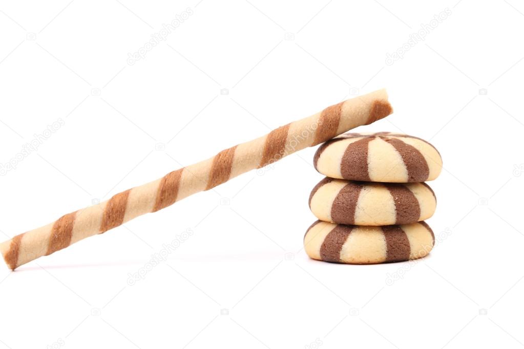 Striped chocolate wafer rolls and stake biscuits. Stock Photo by ...