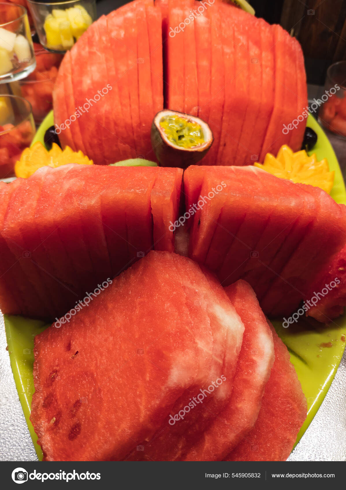 Buffet tray with sliced watermelon chunks — Stock Photo ...