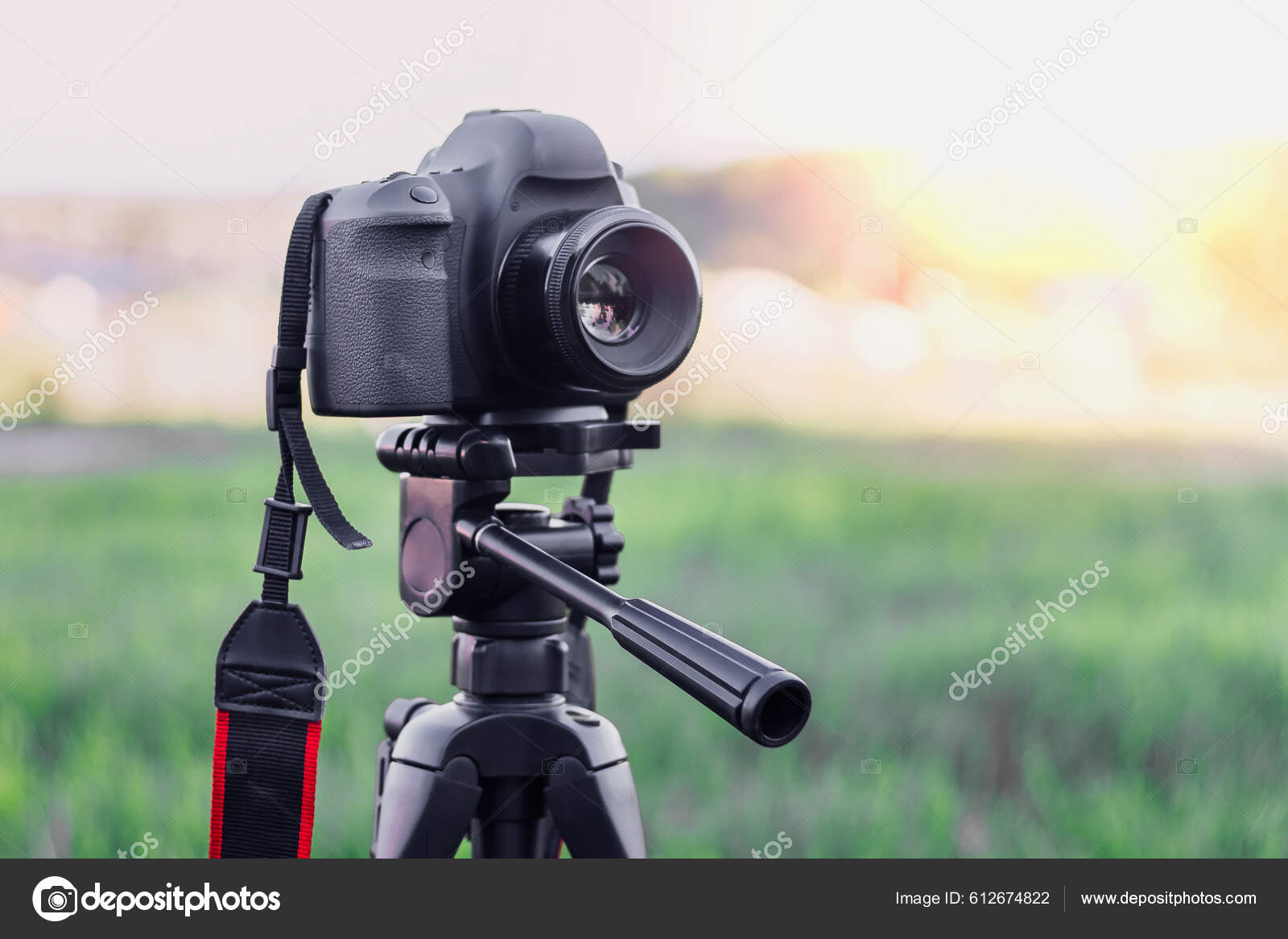 Shooting Camera Sunset Tripod Park Background Green Grass Camera Setup ...