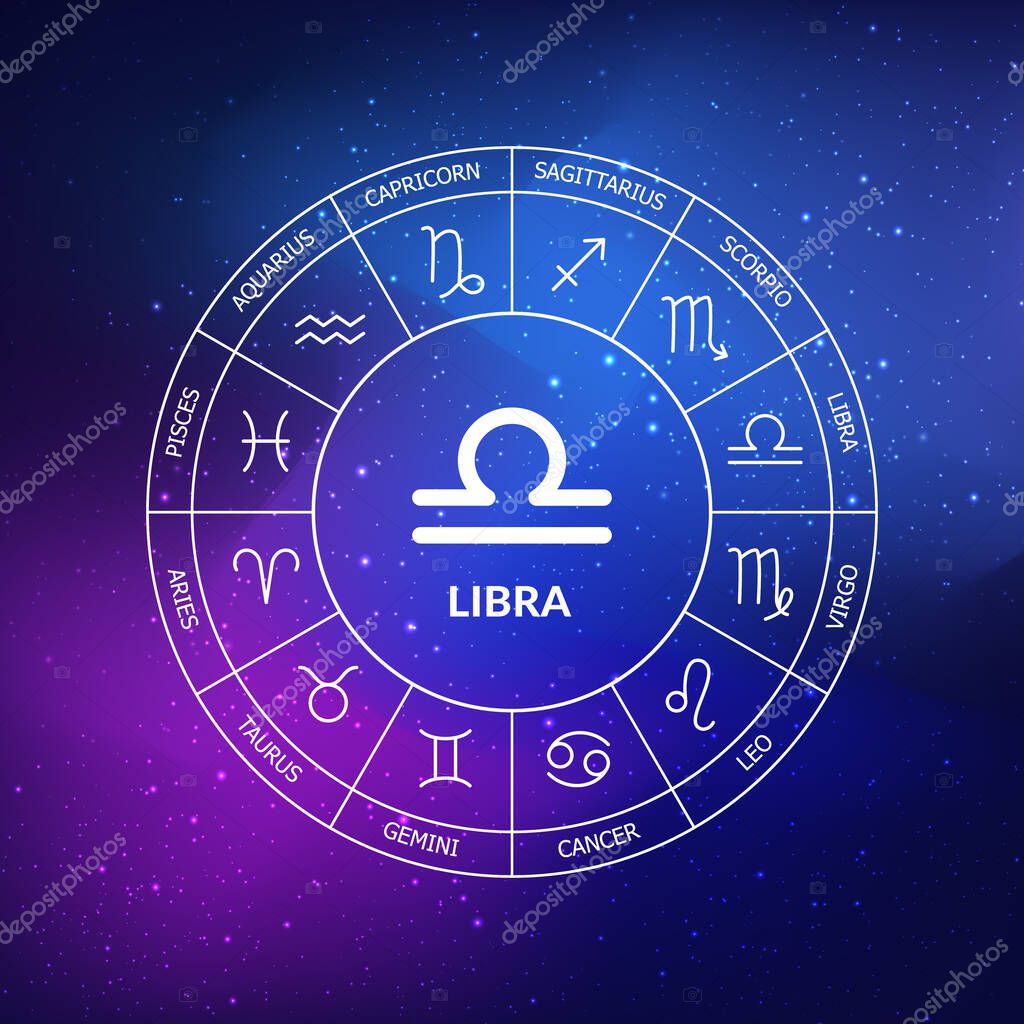 Signo zodiacal de Libra. Círculo del zodíaco sobre un fondo azul oscuro ...