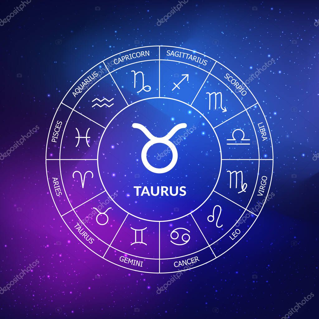 Signo zodiacal de Tauro. Círculo del zodíaco sobre un fondo azul oscuro ...