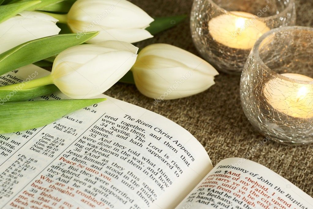 Bible opened and bunch of tulips. Stock Photo by ©MKucova 27080847