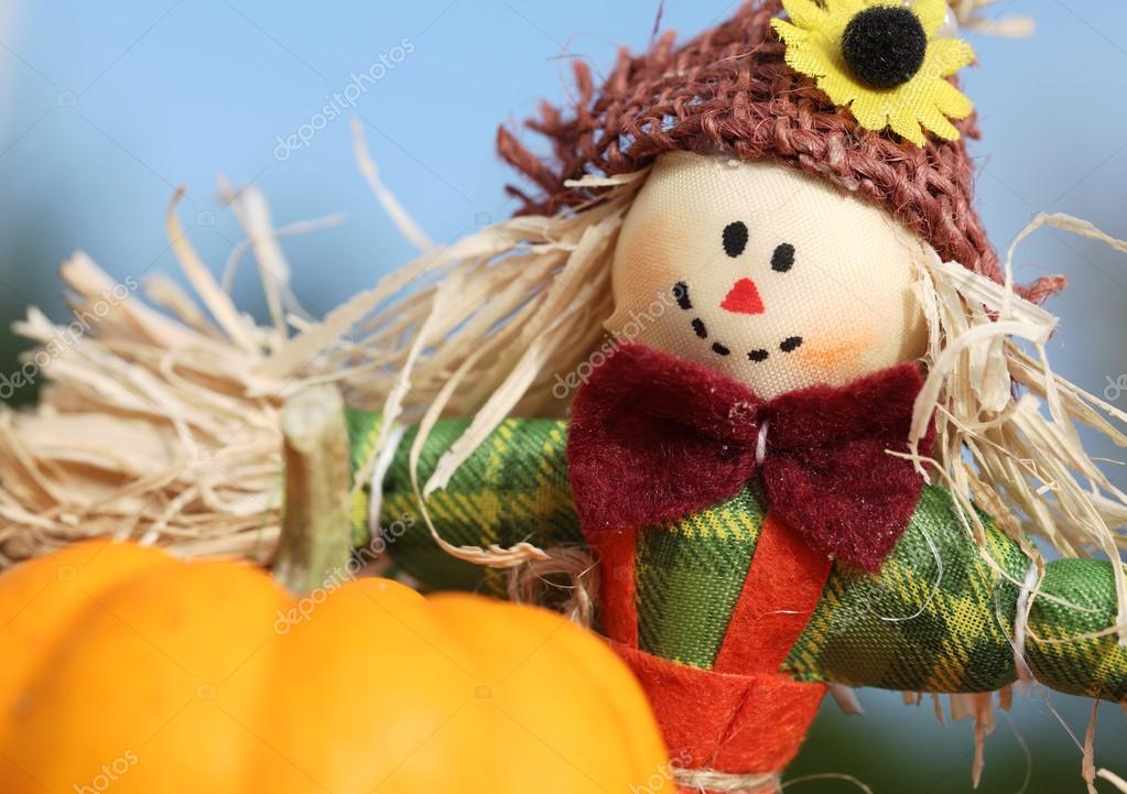 Cute scarecrow and pumpkins — Stock Photo © MKucova #27418473