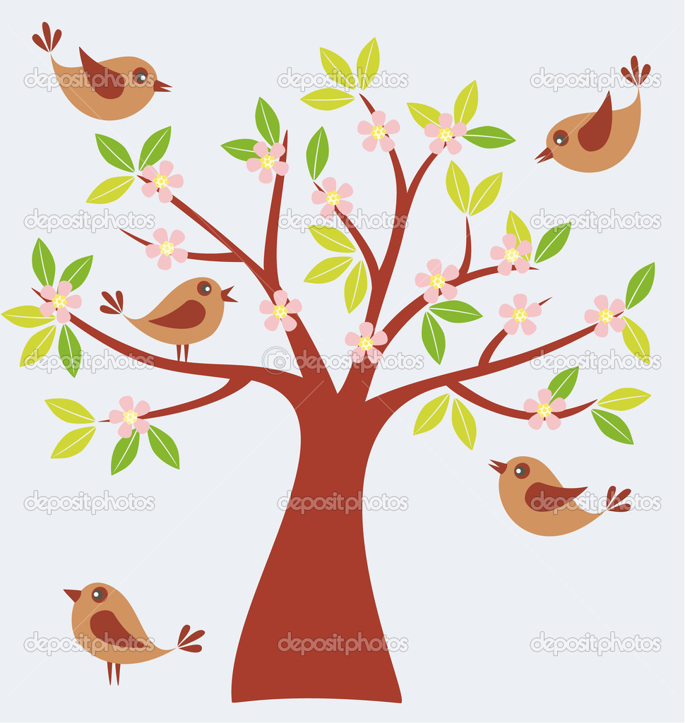 Spring tree with cute birds Stock Vector by ©MKucova 38826465