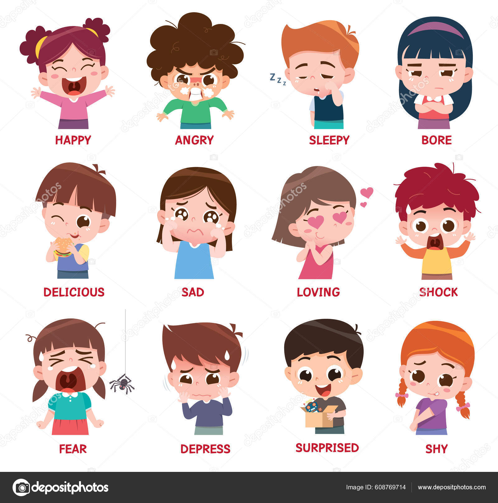 Ilustración Vectorial Emociones Dibujos Animados Niños Variedad Niños ...