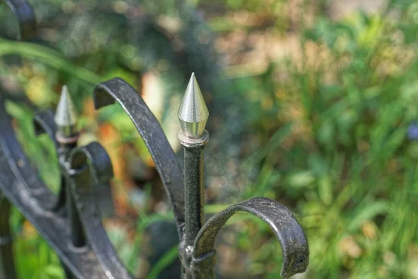 one sharp black white metal rod in an iron decorative fence on the ...