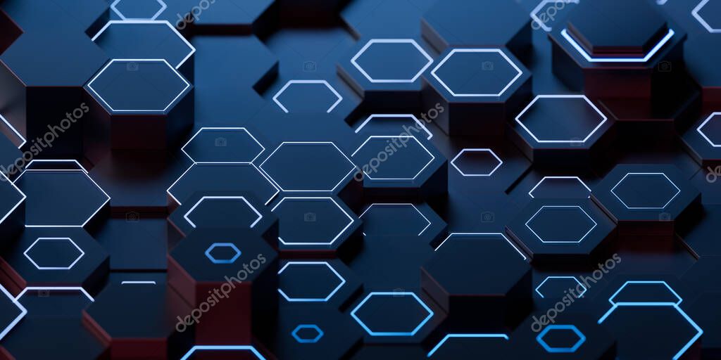 Hexagonal scientific and technological materials, 3d rendering. Computer digital drawing. 2024