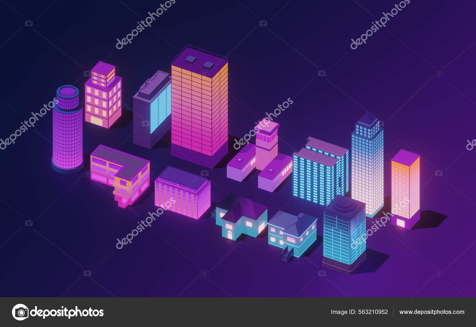 Downtown City Neon Glowing Building Rendering Stock Illustration by ...