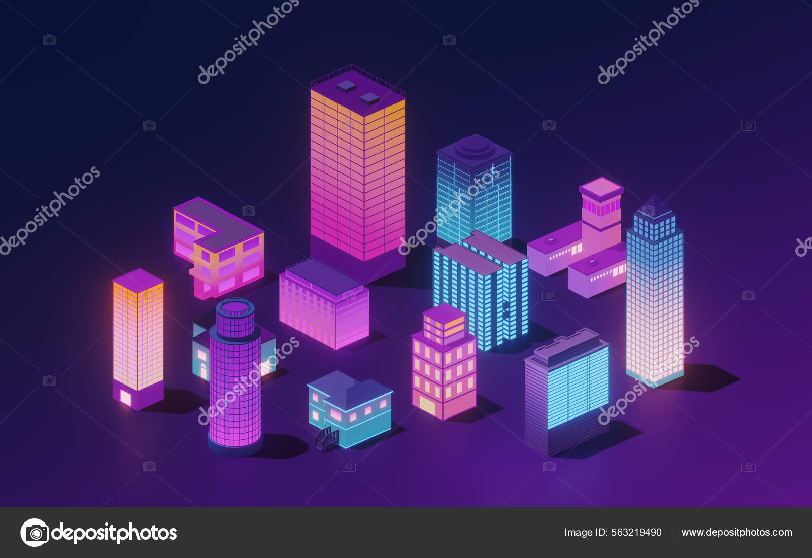 Downtown City Neon Glowing Building Rendering Computer Digital Drawing ...