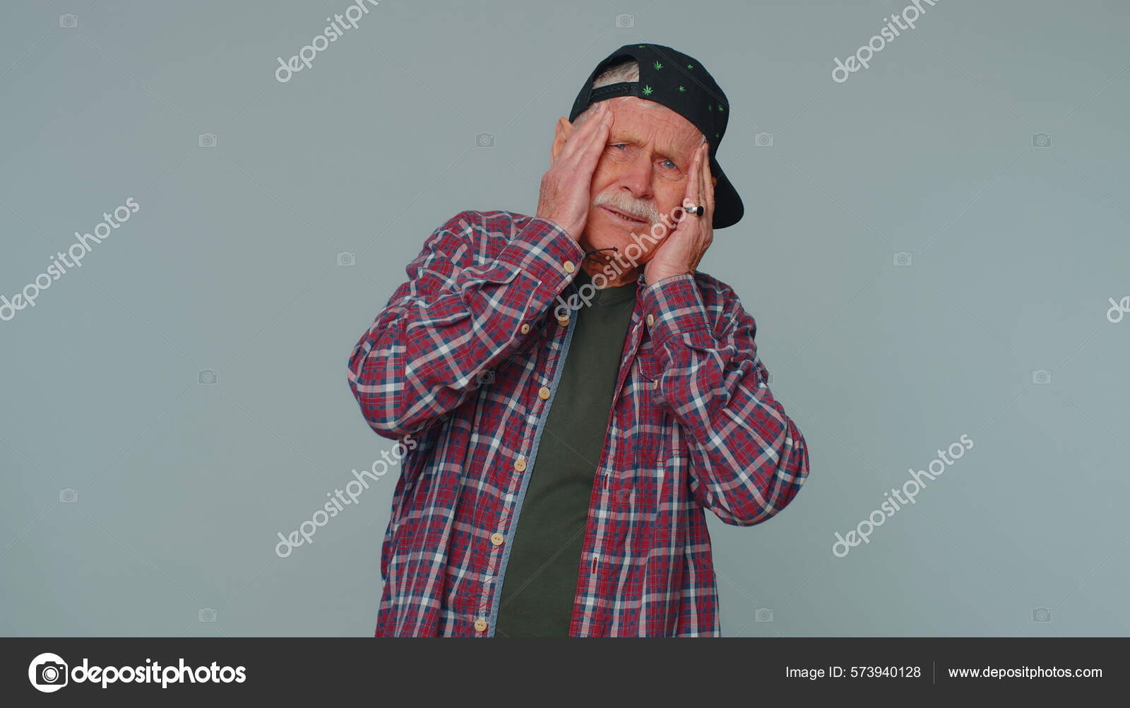 Senior man rubbing temples to cure headache problem, suffering from ...