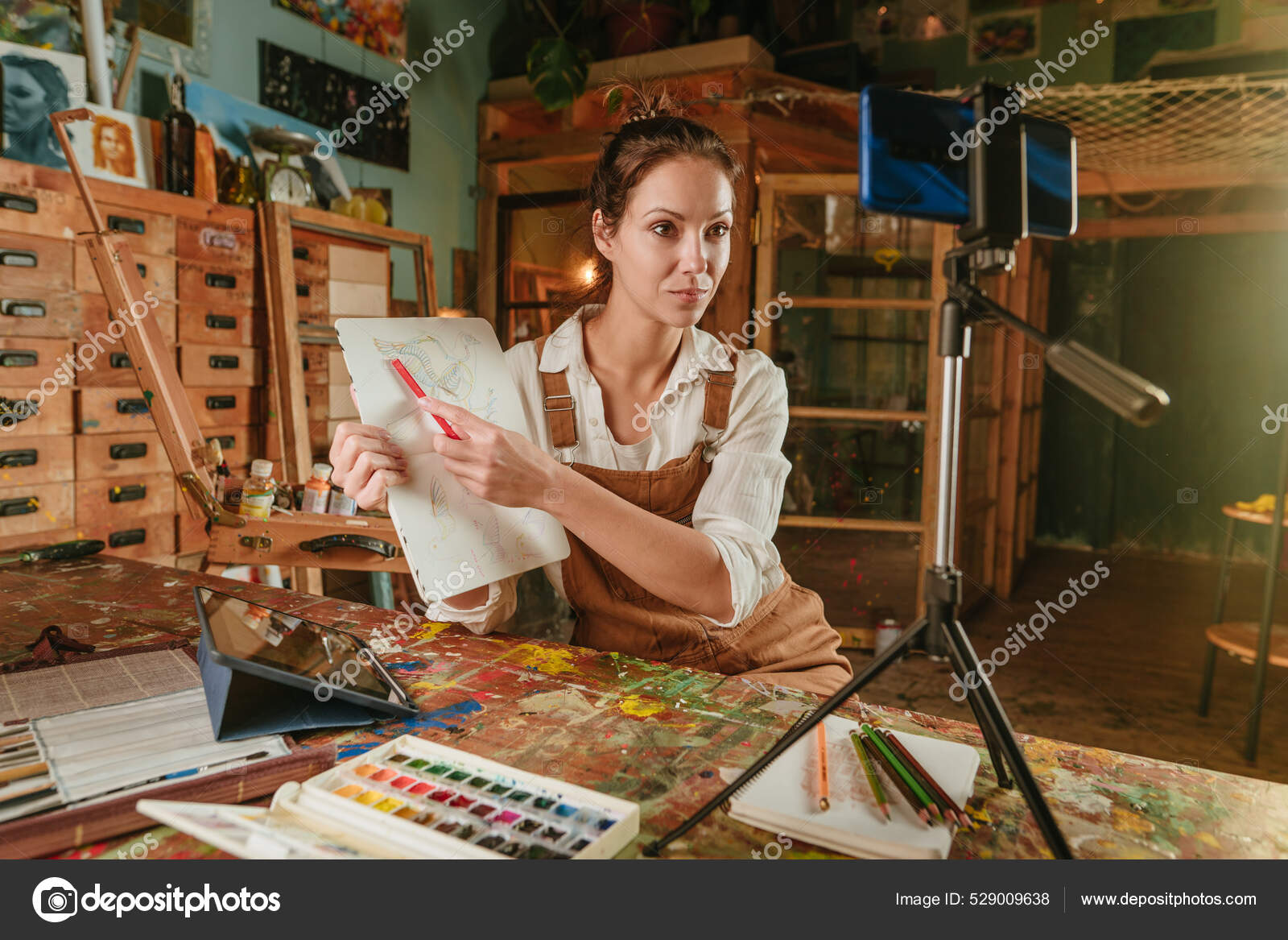 Female artist explaining drawing process recording livestream video at ...