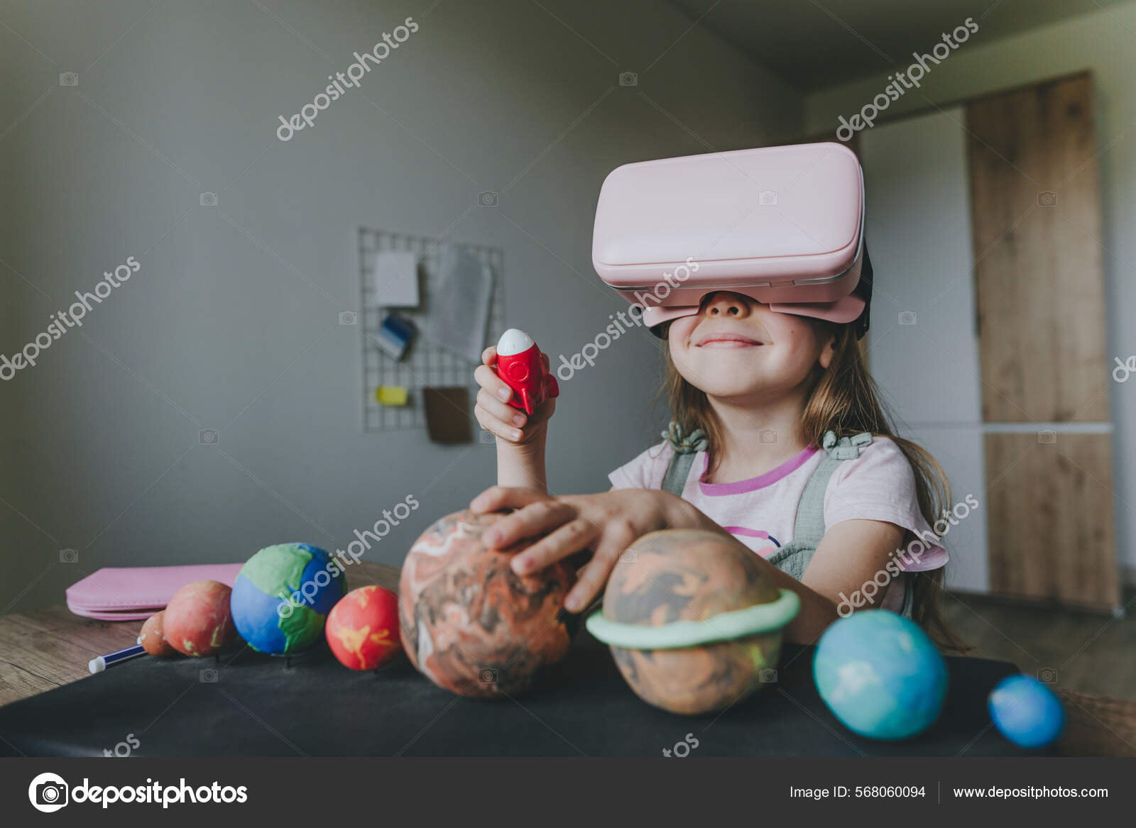 Little Girl Using Glasses Home Learning Solar System Planets Modern ...