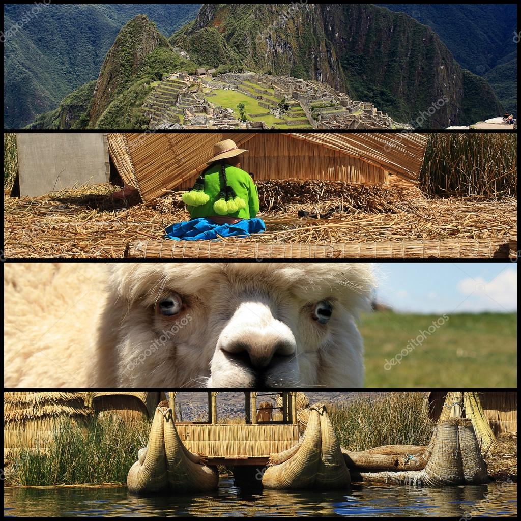 Collage of Peru with Machu Pichu and Titicaca lake landscapes — Stock ...