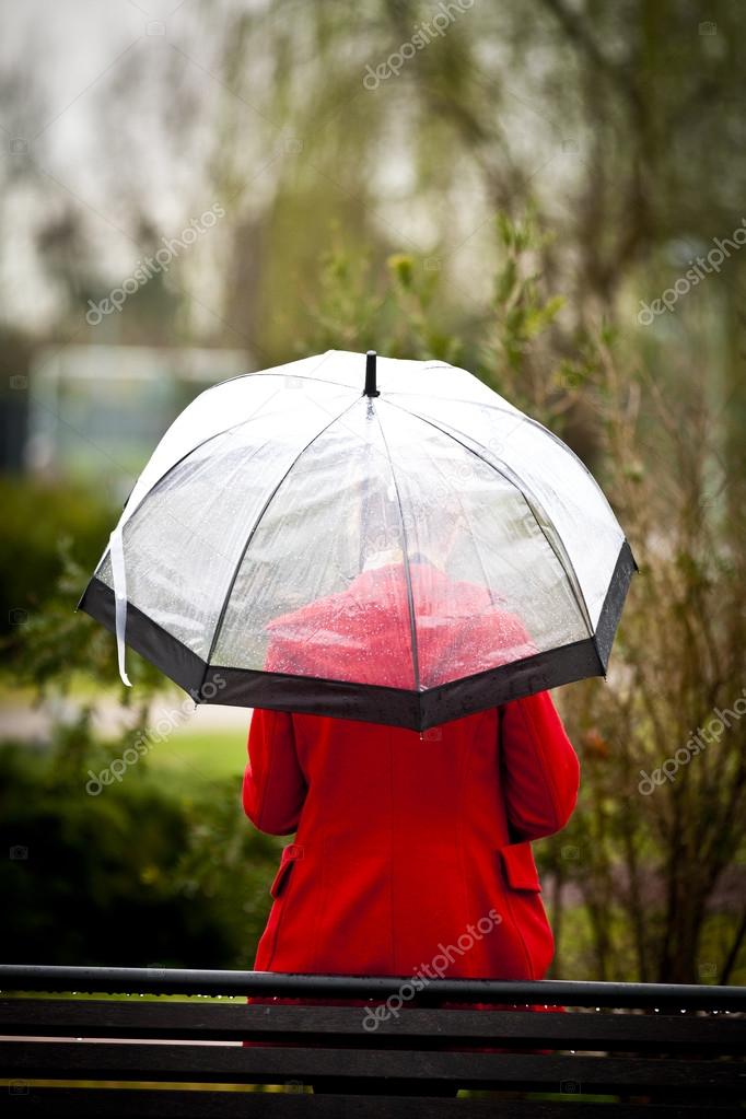 Alone Girl In Rain With Umbrella