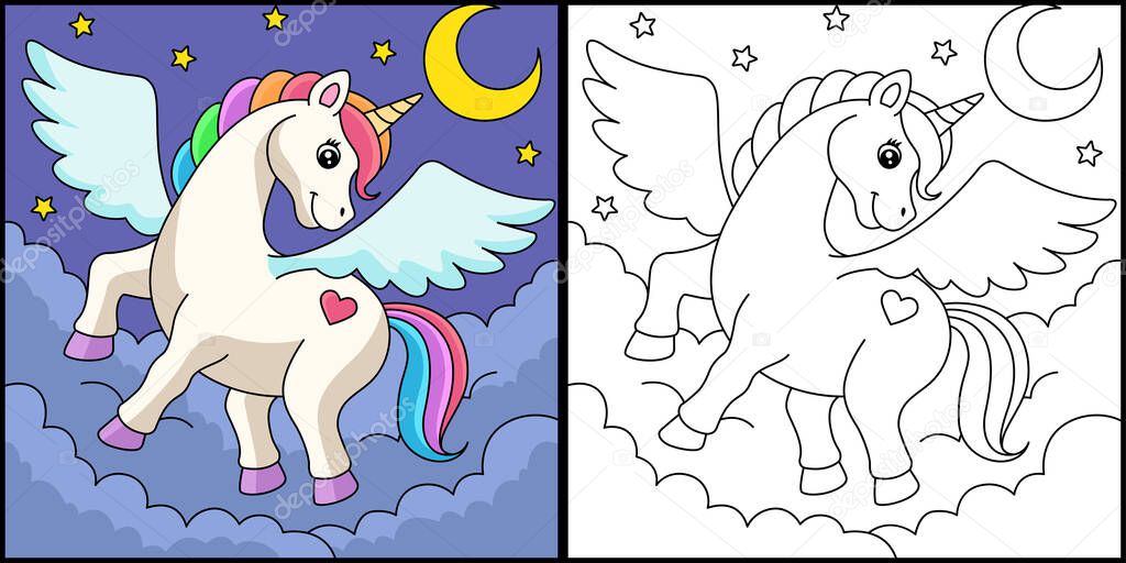 Página para colorear Unicornio volador Ilustración a color Vector de ...