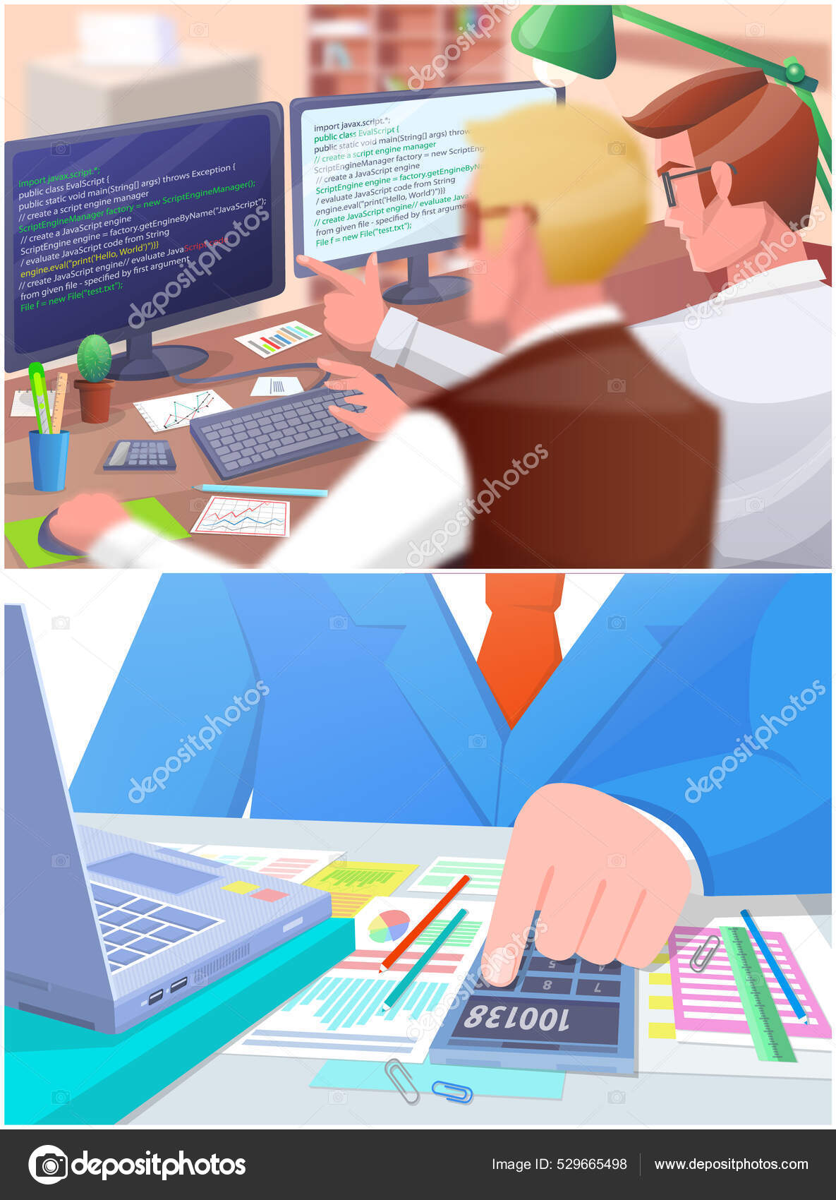 Office worker male character sitting at table with computer, programmer ...