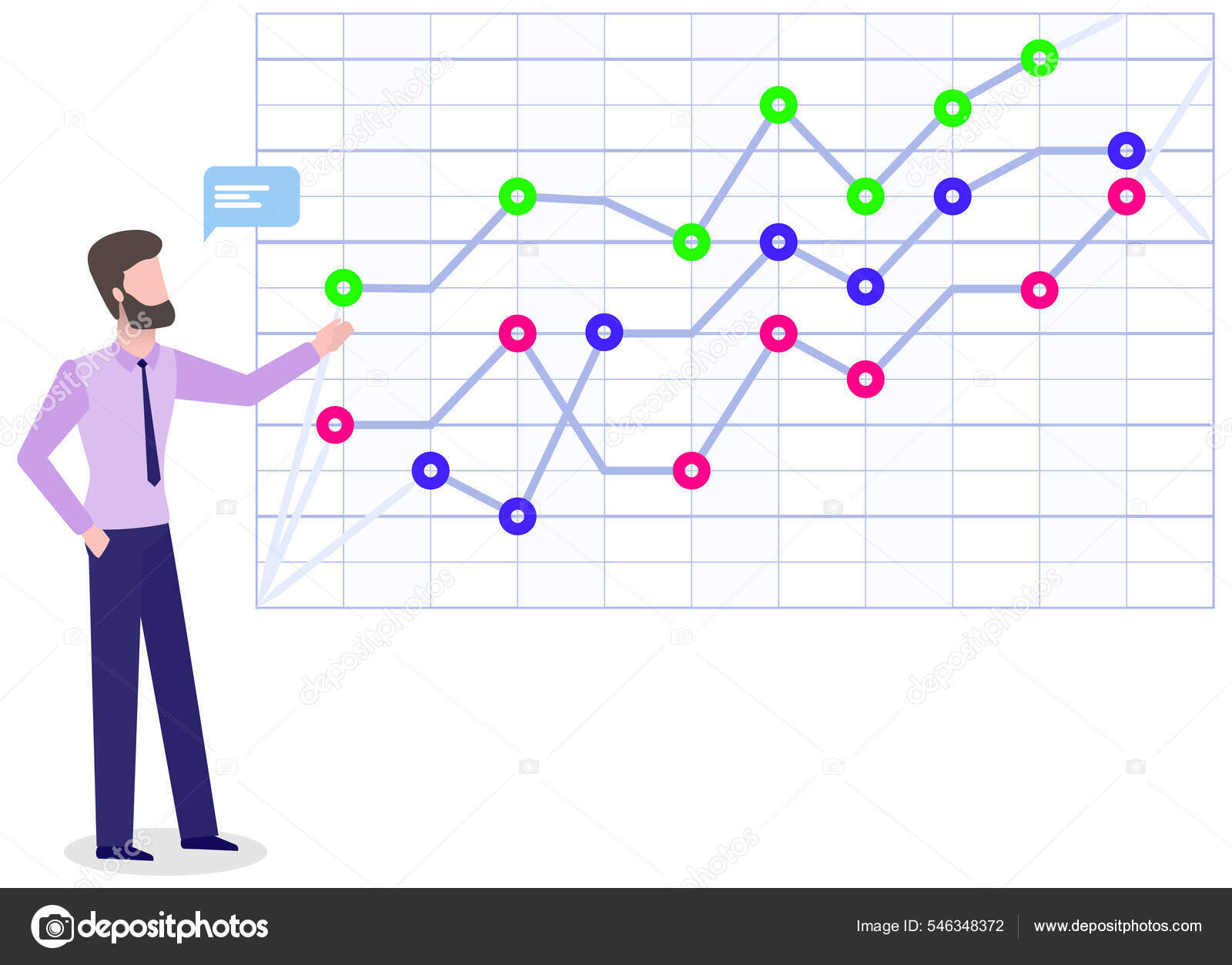Man studies statistics on presentation. Male character while working or ...