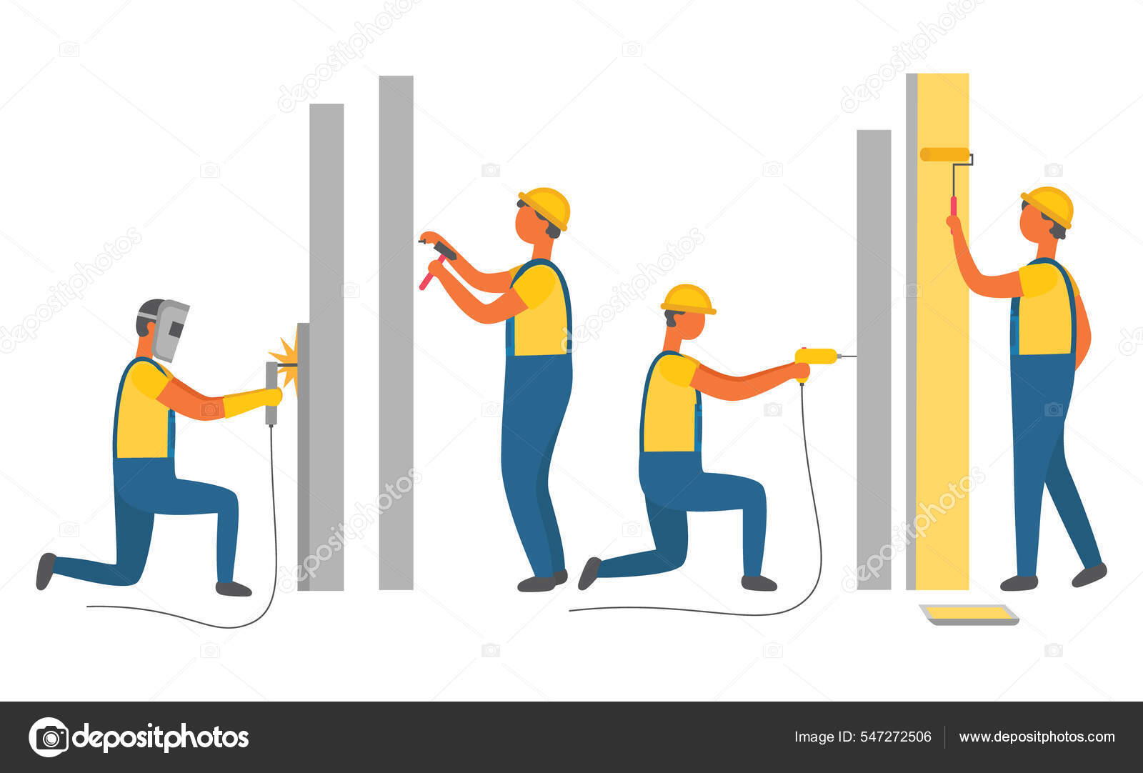 Trabajos de reparación de perforación y pintura, construcción Vector de ...