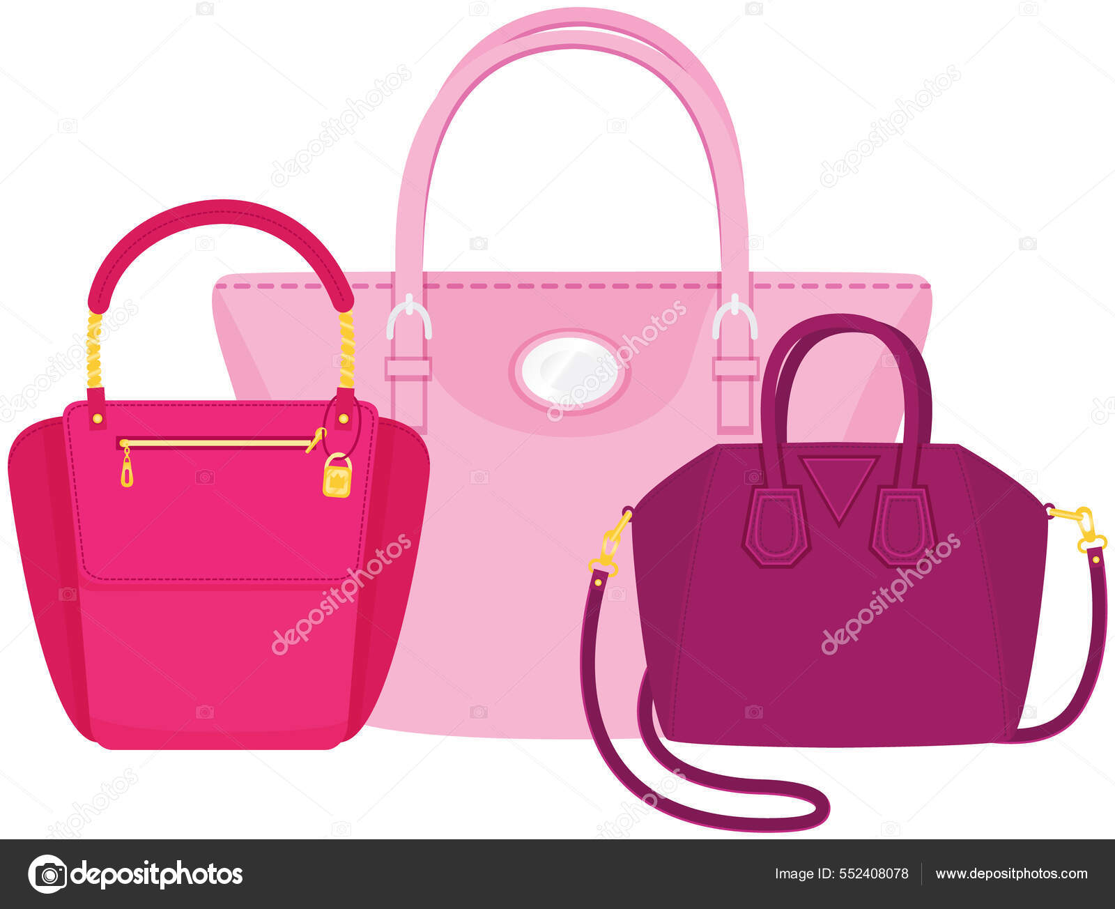 Set wanita tas vektor poster pada latar belakang berwarna-warni, tas ...