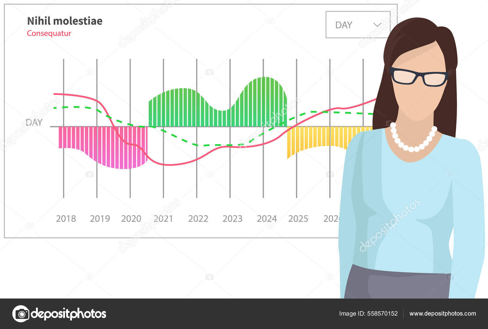 Woman analyses digital report with statistics. Statistical indicators ...