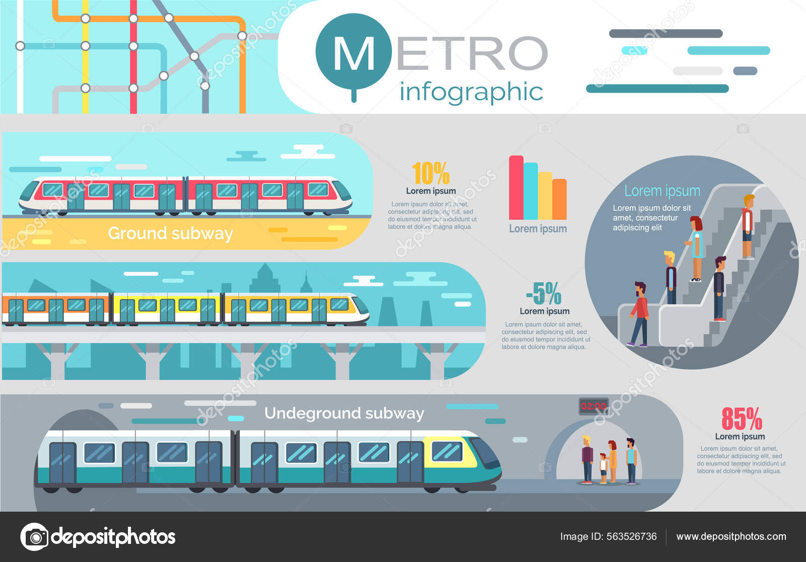 Diagrama de infografía plana de transporte público. Cartel del metro ...