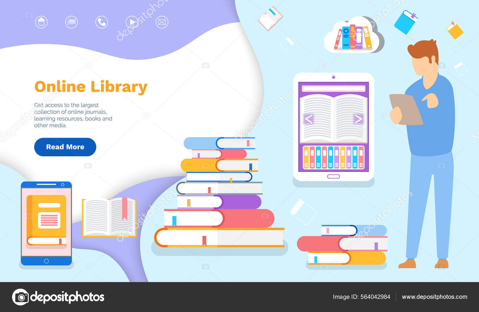 Man using electronic library, book store in his phone. Smartphone app ...