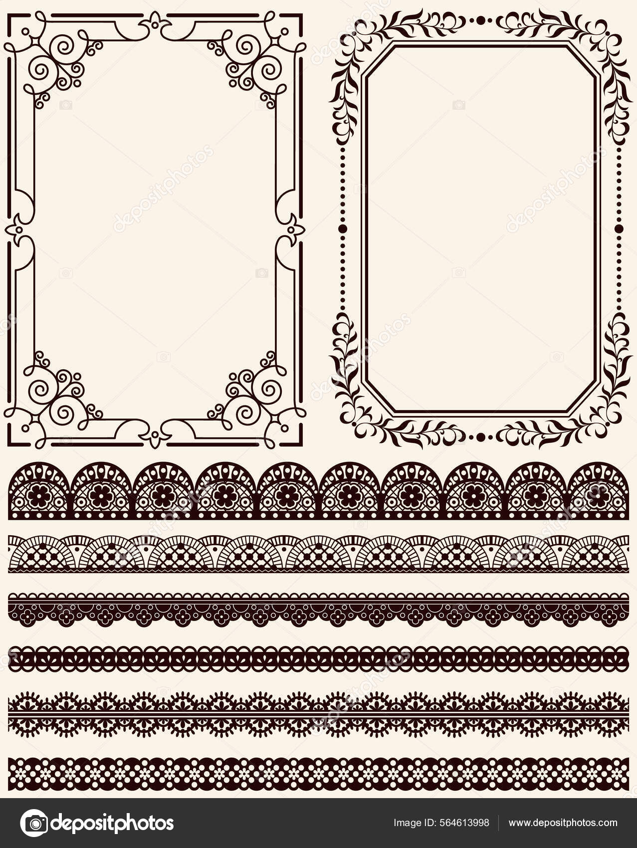 Set of wide lace ribbons and frames ornament in retro style. Pattern ...