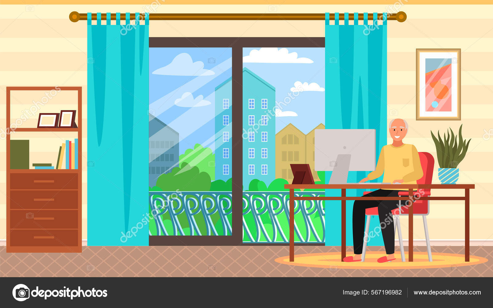 Retired Person Surfing Internet Using Computer Happy Elderly Man