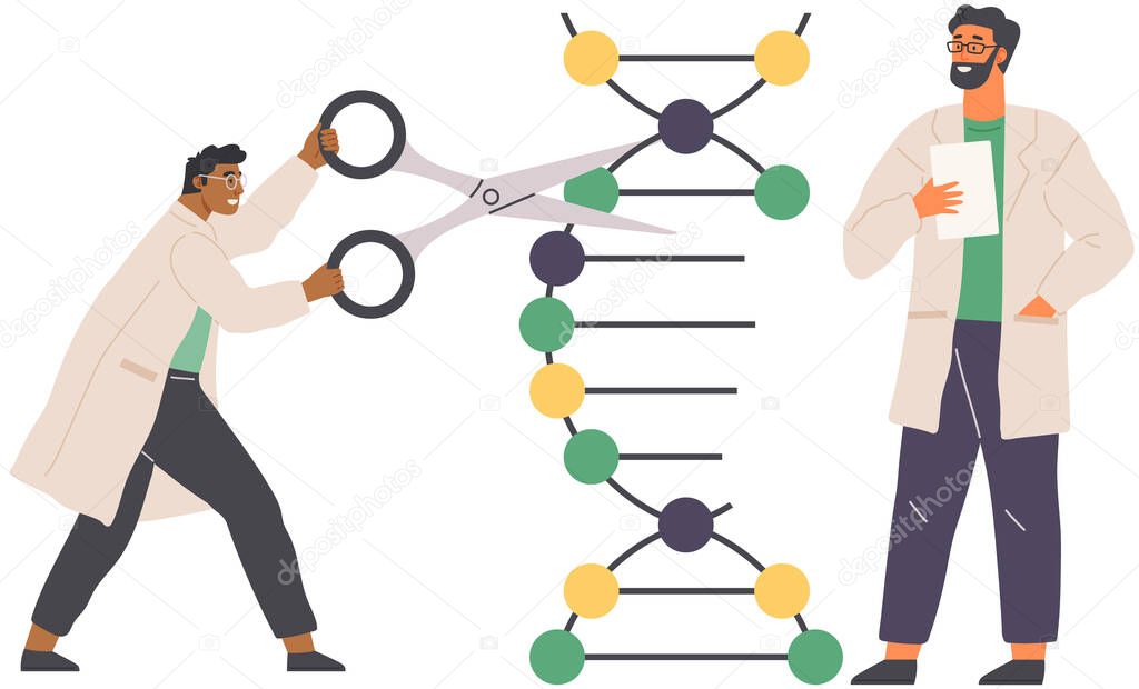 Científico modificando molécula de ADN usando tijeras. Ingeniería ...