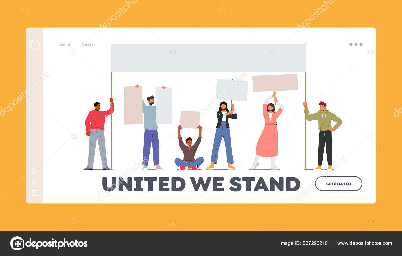 Angry People with Placards on Rally Landing Page Template. Male or ...