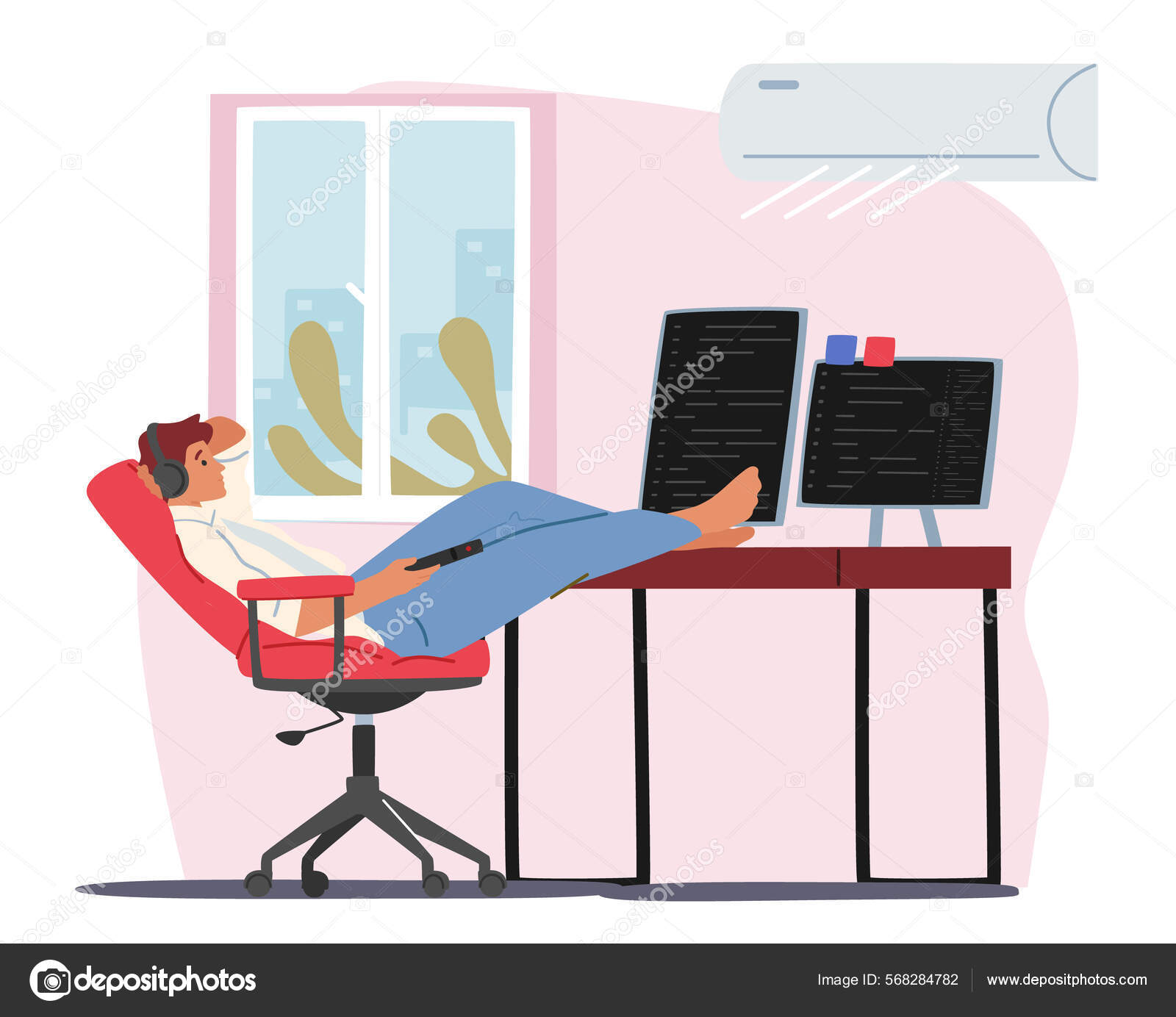 Young Man Relax at Workplace with Working Conditioner at Home ...