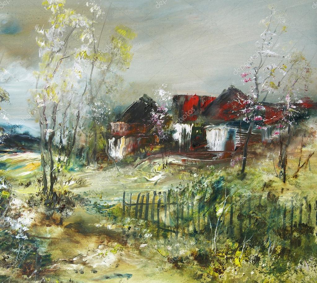 Village in the spring, oil painting Stock Illustration by ©kvocek #30107283